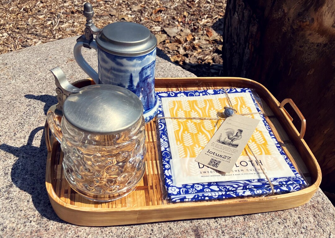 Handsome Vintage Beer Stein Set W/ Wicker Tray and New Swedish Dish Tea ...