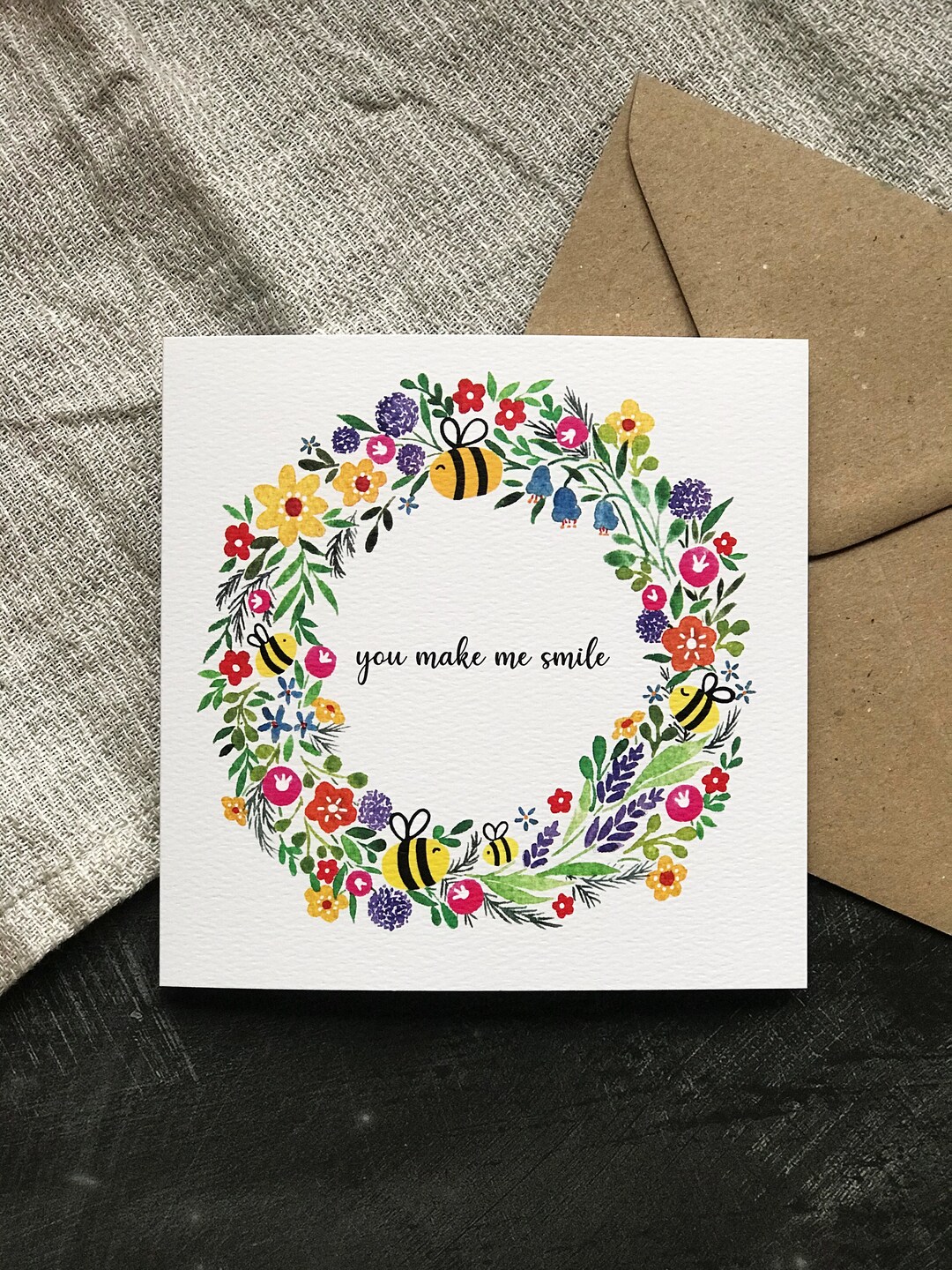 You Make Me Smile - Friendship Card - Anniversary Card - Floral Wreath ...