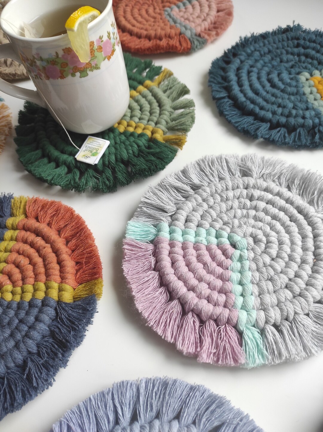 Mix and Match Macrame Fringe Coasters, Set of 2 Round Coasters - Etsy
