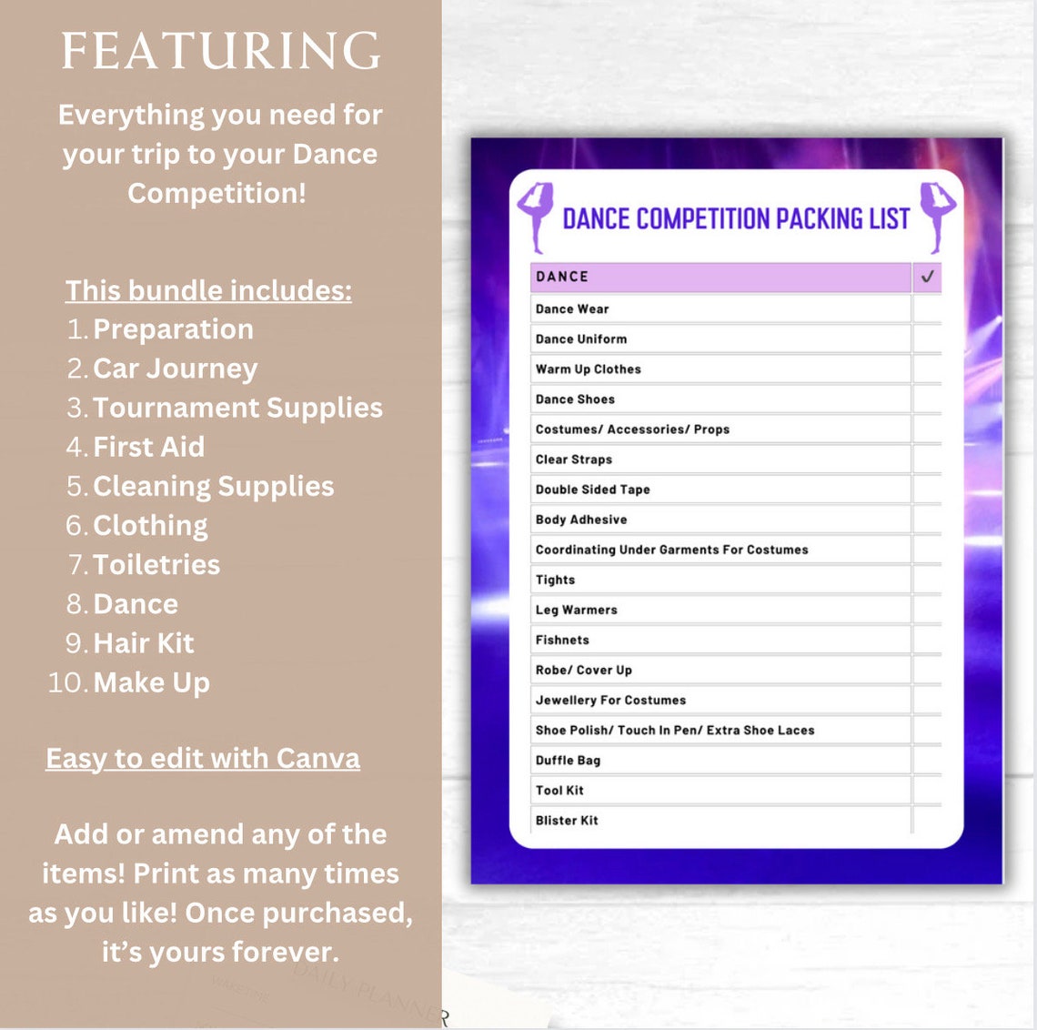Editable Dance Competition Packing List for Family, Printable Dance ...