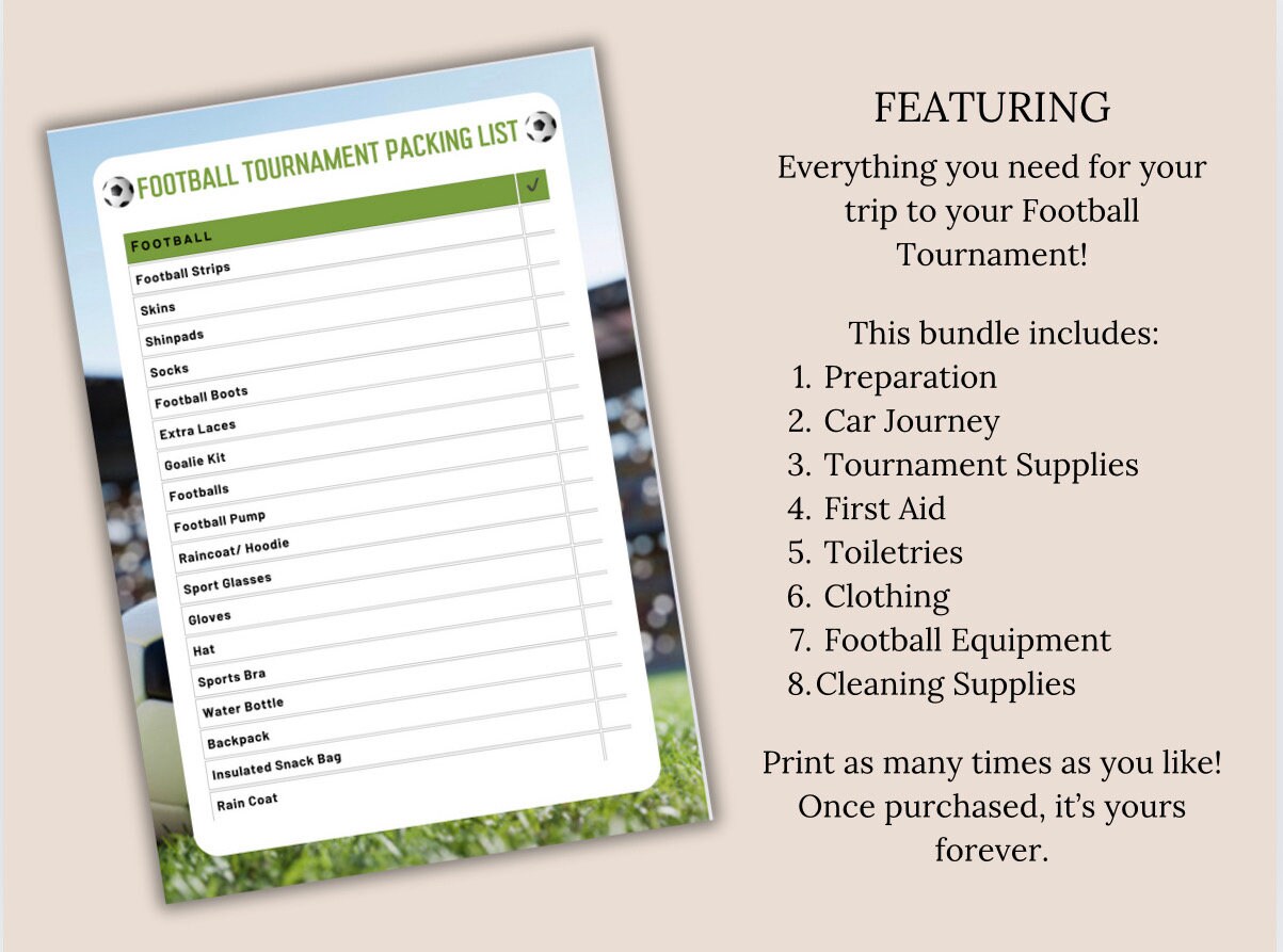 Football Tournament Packing List Printable, Sports Packing List ...