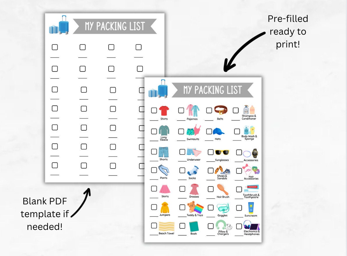 Kids Packing List, Digital Printable Vacation Packing List for Boys and ...