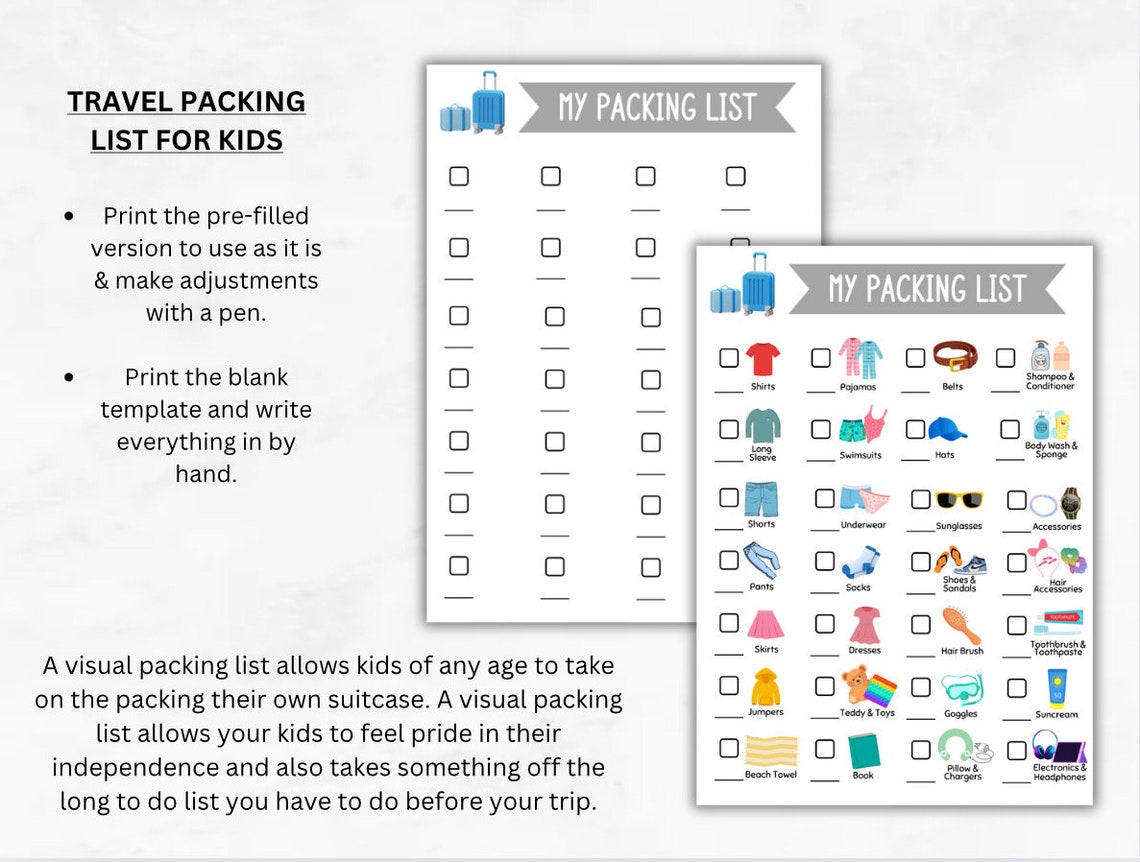 Kids Packing List, Digital Printable Vacation Packing List for Boys and ...