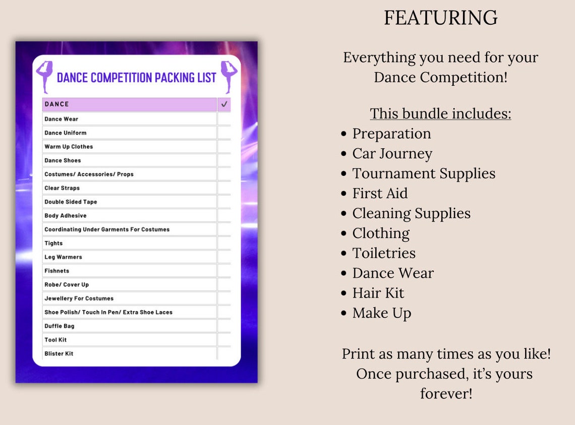 Dance Competition Packing List Printable, Dance Competition Checklist ...