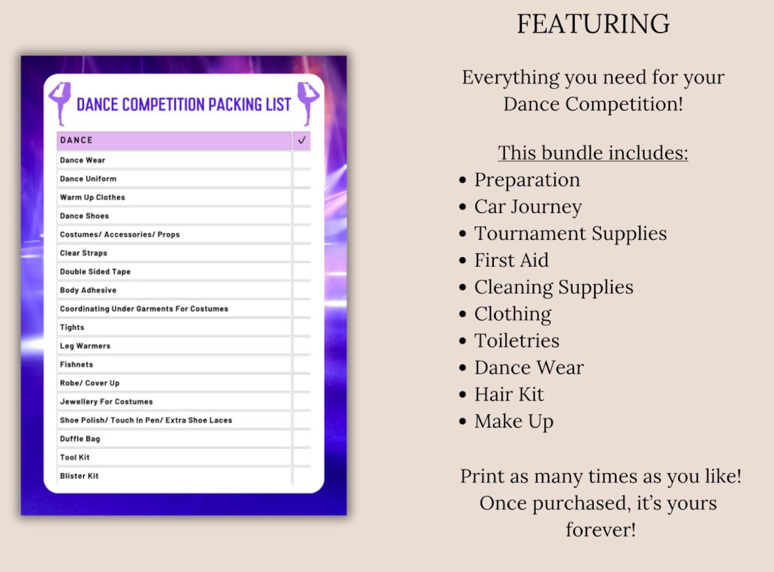 Dance Competition Packing List Printable, Dance Competition Checklist ...