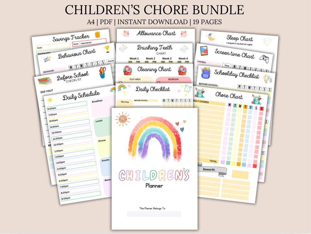 Childrens Chore Chart Planner Printable, Kids Chore Chart Bundle, Kids ...