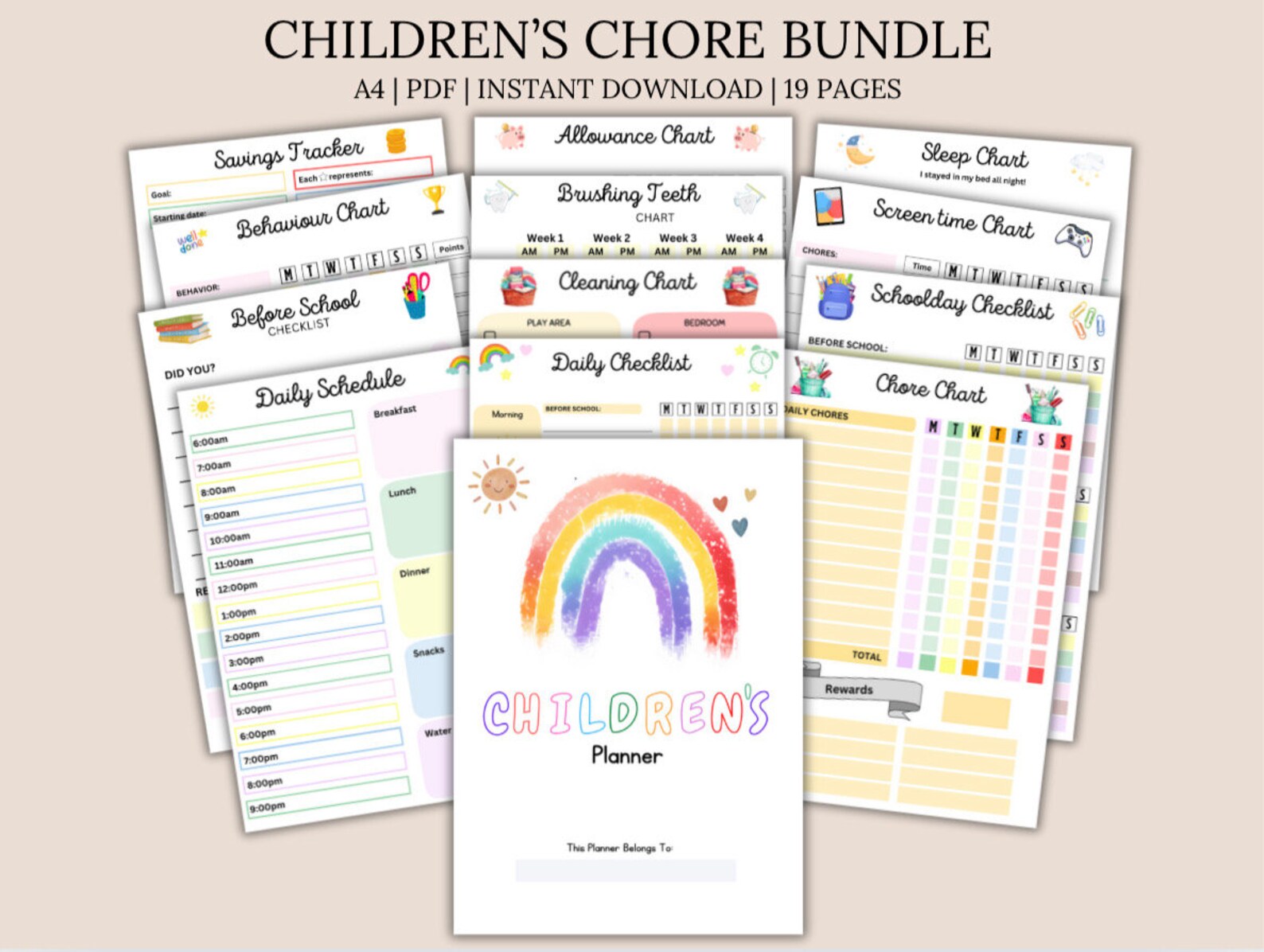 Childrens Chore Chart Planner Printable, Kids Chore Chart Bundle, Kids ...