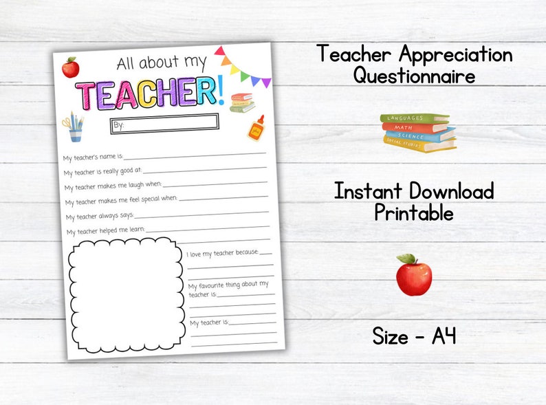 All About My Teacher, Teacher Appreciation Week Printable, Teacher ...