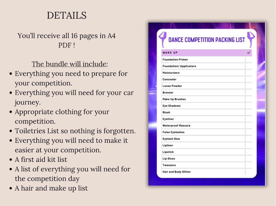 Dance Competition Packing List Printable, Dance Competition Checklist ...