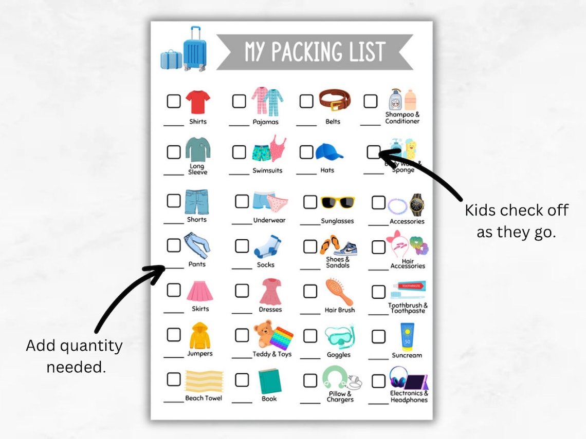 Kids Packing List, Digital Printable Vacation Packing List for Boys and ...