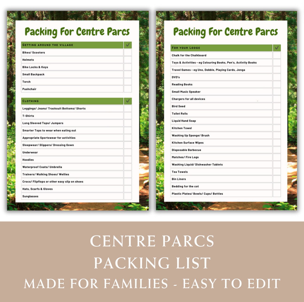 Editable Centre Parcs Packing List for Family, Printable Centre Parcs ...