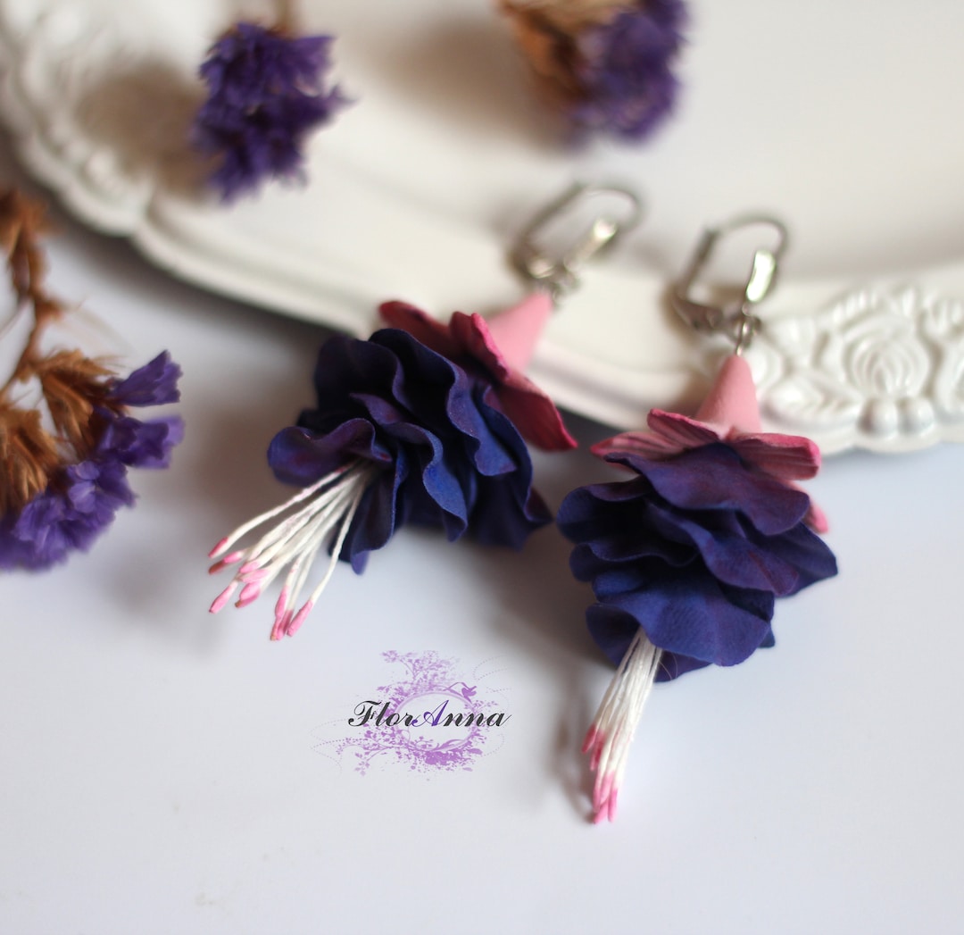 Handmade Fuchsia Flower Dangle Earrings: Polymer Clay Jewelry - Etsy