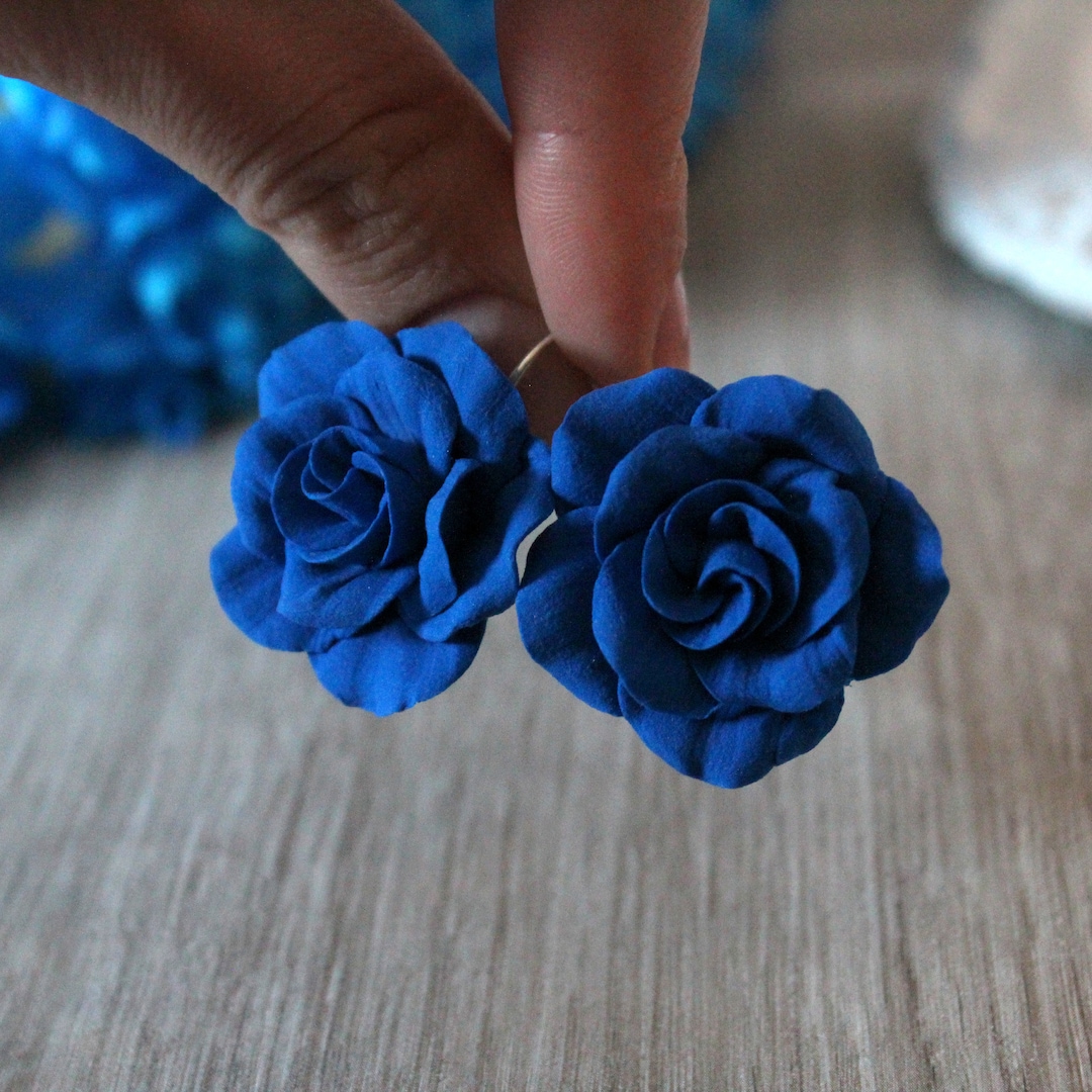 Dark Blue Rose Earrings, Large Flower Earrings, Polymer Clay Jewelry ...