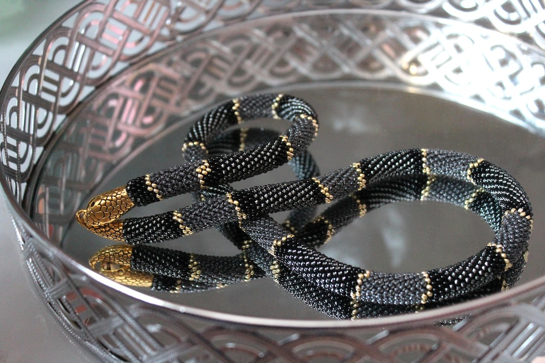 Handmade Beaded Serpent Necklace: Silver & Gold Python Jewelry - Etsy