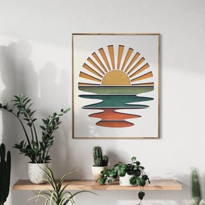 Retro Sunset Layered Wood Art, Joyful MCM Artwork, Boho Warm Tone ...