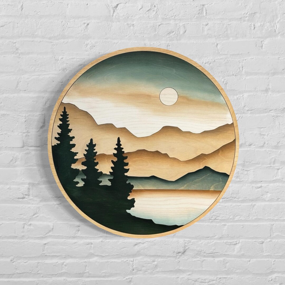 Layered Wood Mountain Sunset Art: Earth Tone Wilderness Landscape - Etsy