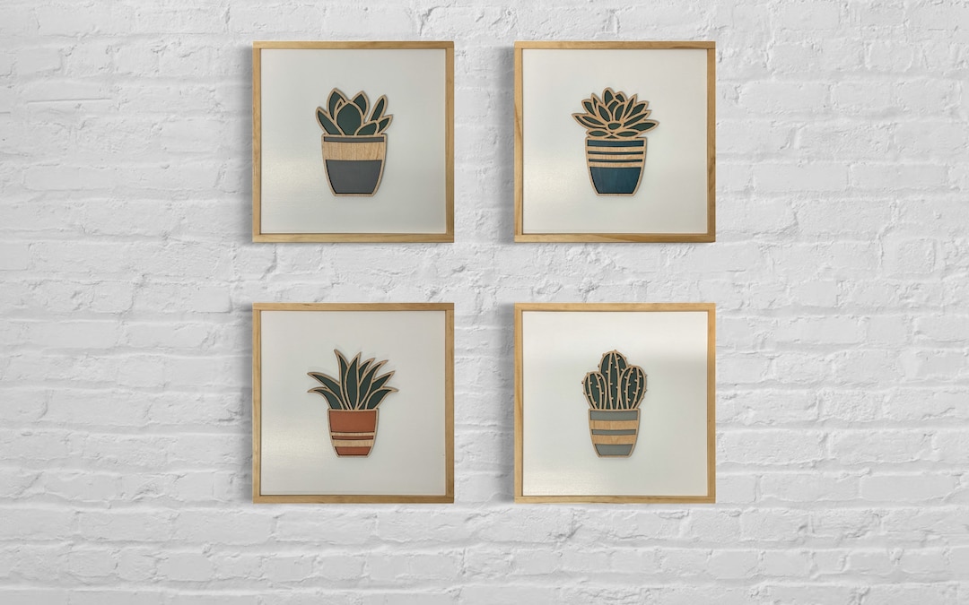 Boho Succulent Wood Wall Art Set, 4-piece Laser Cut Botanical Home ...