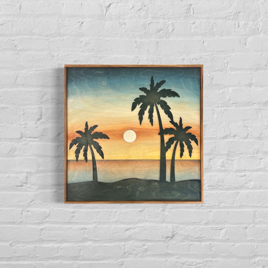 Sunset Coastal Beach Landscape Wood Wall Art | 3D Ocean Palm Tree ...
