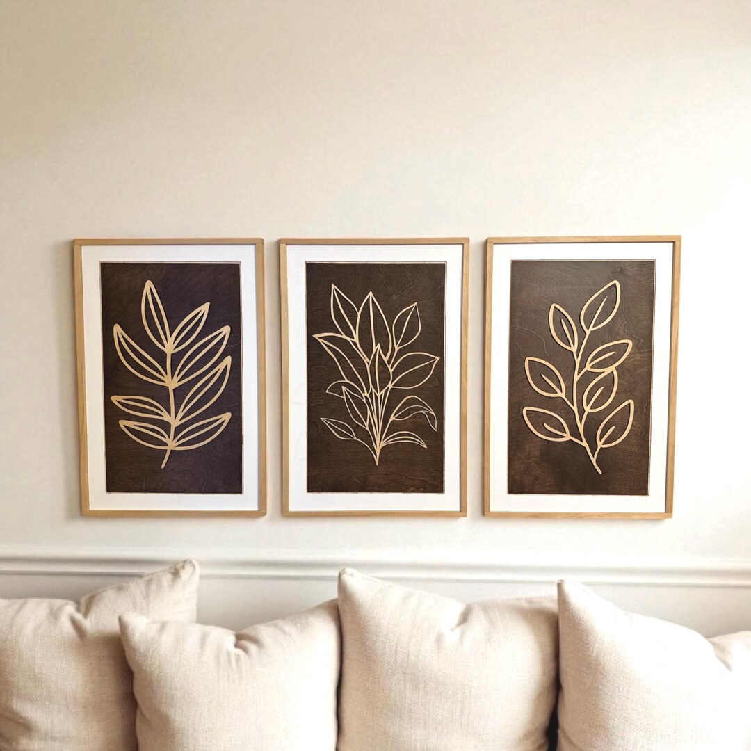 Botanical Triptych Wood Wall Art: Leaf Line Design, Plant Decor - Etsy