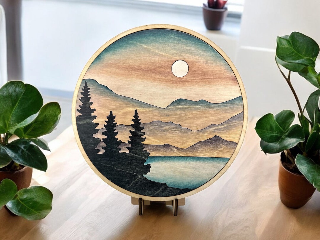 Decorative Shelf Decor, Circle Mountain Wood Art, Round Artwork With ...