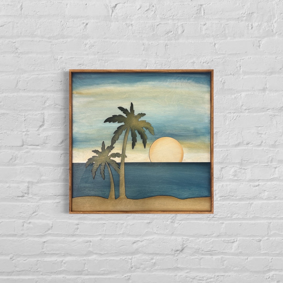 Sunset Beach Landscape Wood Wall Art | Coastal 3D Ocean Palm Tree ...
