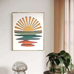 Retro Sunset Layered Wood Art, Joyful MCM Artwork, Boho Warm Tone ...