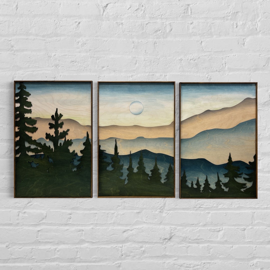 Smokey Mountain Landscape Wood Wall Art 3D Framed Forest Wooden Wall ...