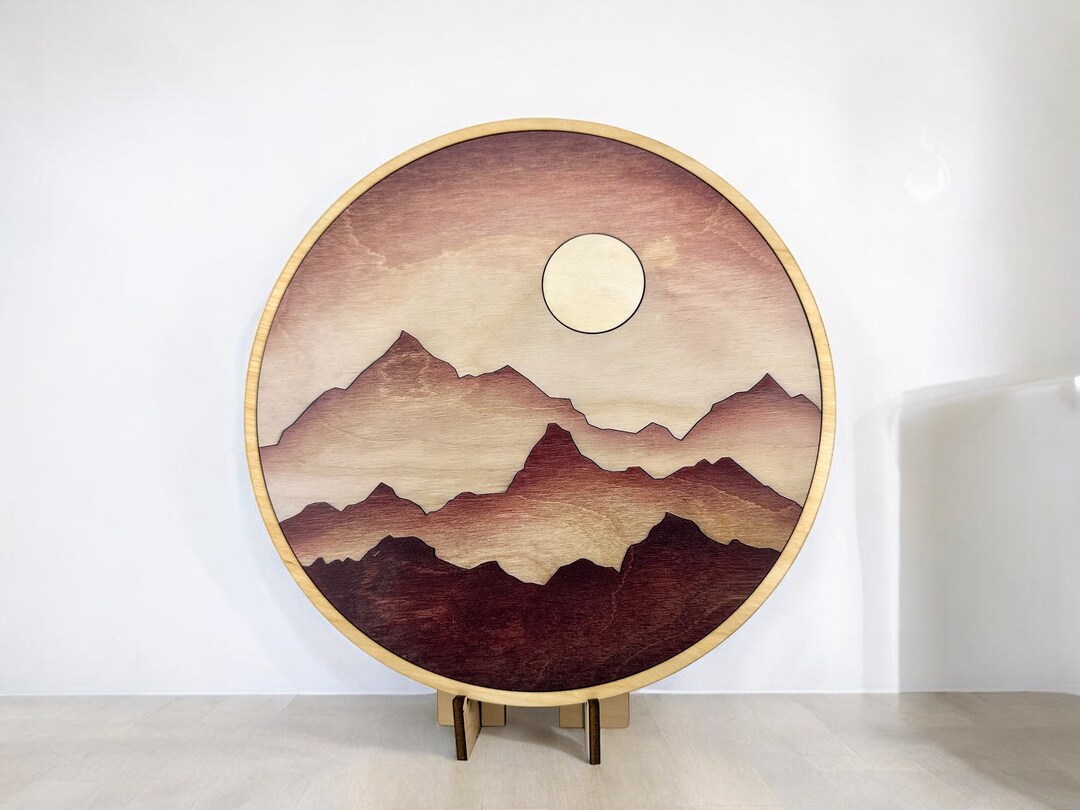 Round Artwork for Shelf, Mountain Wood Wall Hanging, Boho Circle ...