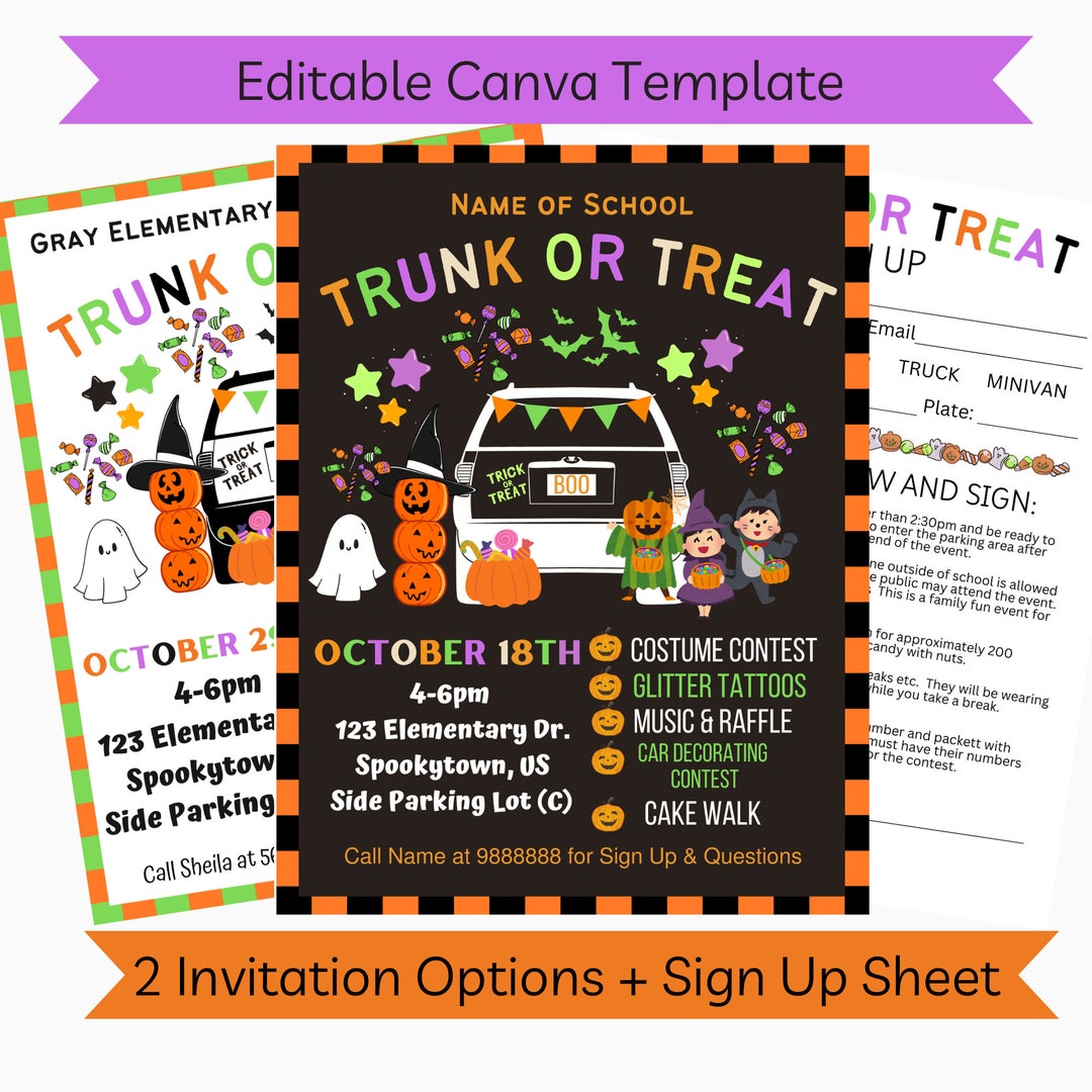 Trunk or Treat Flyer Printable Editable Canva Halloween Trick-or-treat ...