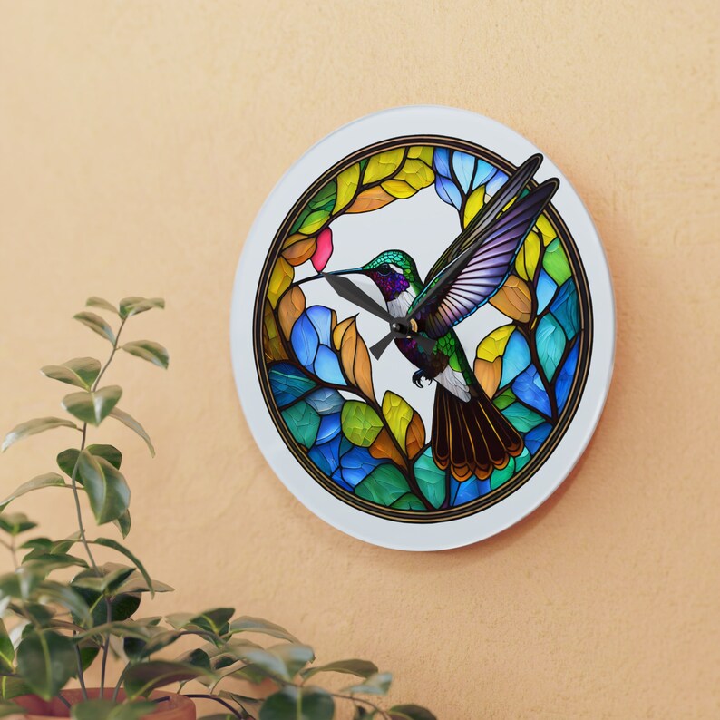 Hummingbird Clock Colorful Stained Glass Look Decorative Wall Clock ...