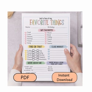 Teacher Favorite Things Questionnaire, Back to School Gift (printable ...