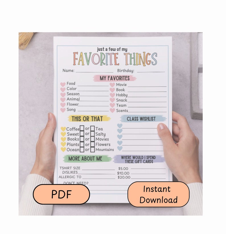 Teacher Favorite Things Questionnaire, Back to School Gift (printable ...