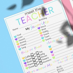 Teacher Favorite Things Printable Questionnaire All About My Teacher ...