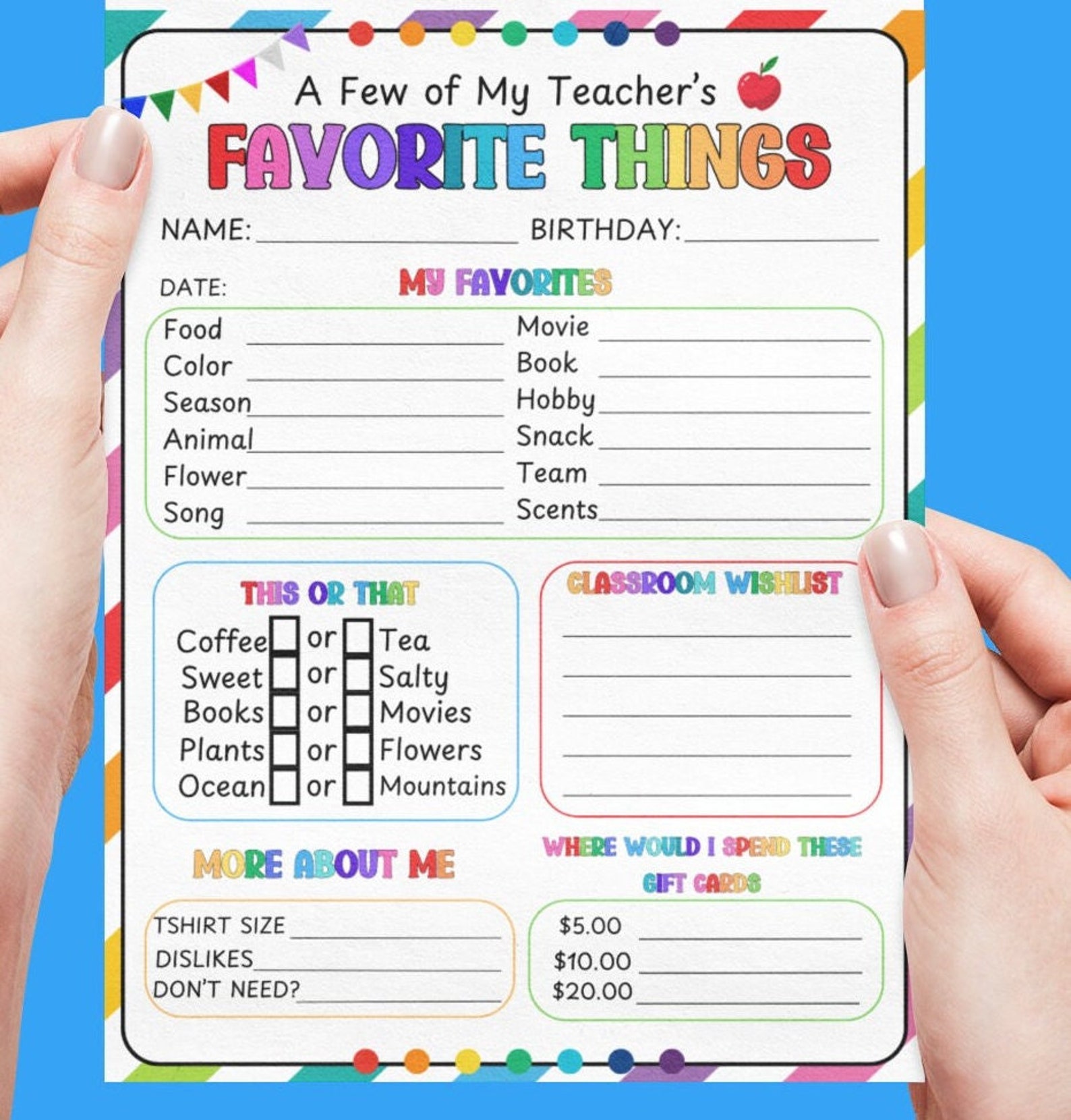 Teacher Favorite Things Questionnaire Printable (PDF) - Etsy