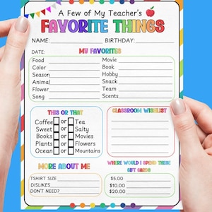 Teacher Favorite Things Printable Questionnaire All About My Teacher ...