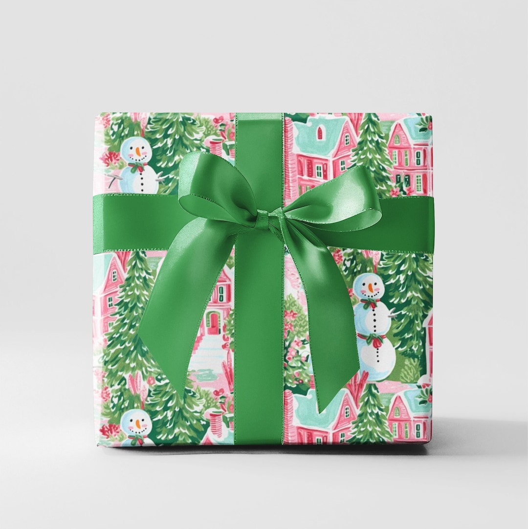 Snowman Wrapping Paper Roll, Preppy Pink Christmas Gift Wrap Snowy ...