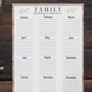 Family Birthday Board Printable Instant Download Reusable Year Planner ...