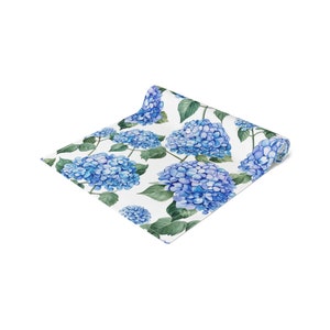 Hydrangea Fabric Runner Blue and White Watercolor Floral Table Setting | Cotton Twill Kitchen ...