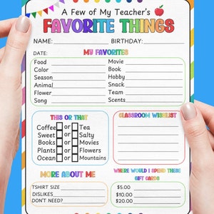 Teacher Favorite Things Questionnaire Printable (PDF) - Etsy
