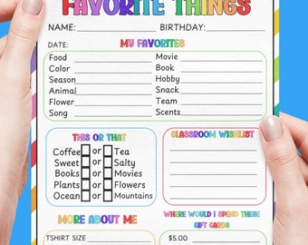 Teacher Favorite Things Printable Questionnaire Quiz My Teacher Survey ...