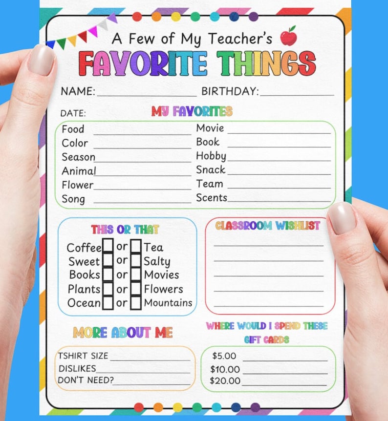 Teacher Favorite Things Questionnaire Printable (PDF) - Etsy