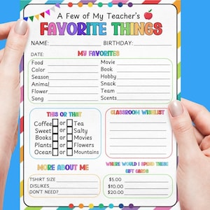 Teacher Favorite Things Printable Questionnaire All About My Teacher ...