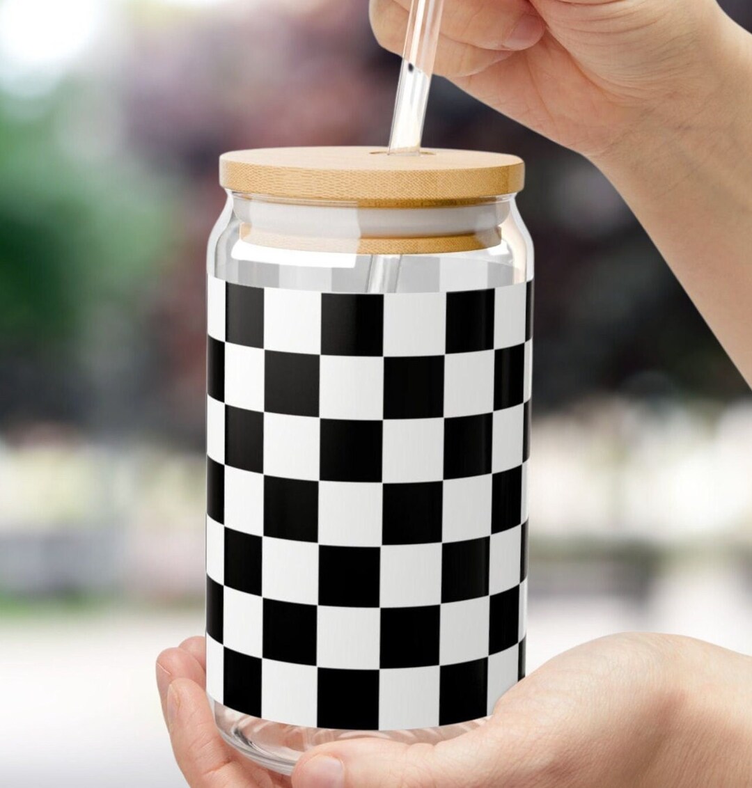 Checkered Iced Coffee Cup Retro Checkerboard Tumbler Can Glass With Lid ...