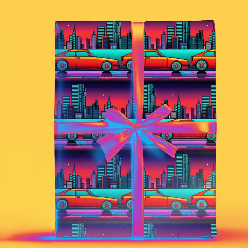 1980s Retro Wrapping Paper Wrap Gift Fast Car Birthday Wrap Neon Gift ...