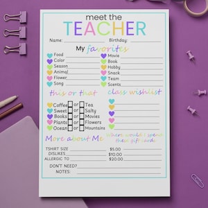 Teacher Favorite Things Printable Questionnaire All About My Teacher ...
