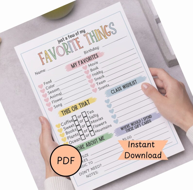 Teacher Favorite Things Questionnaire, Back to School Gift (printable ...
