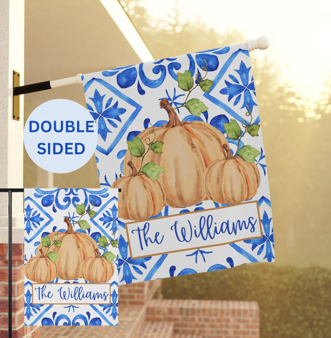 Custom Fall Garden Flag: Blue Tile, Pumpkin, Last Name - Etsy