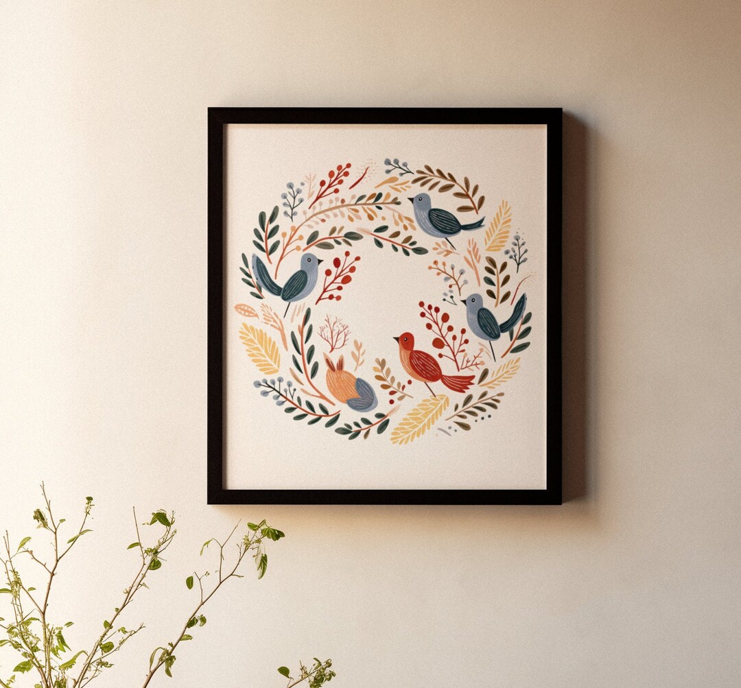 Scandinavian Birds Wall Art Poster Wreath Scandi Folk Art Scandi Boho ...