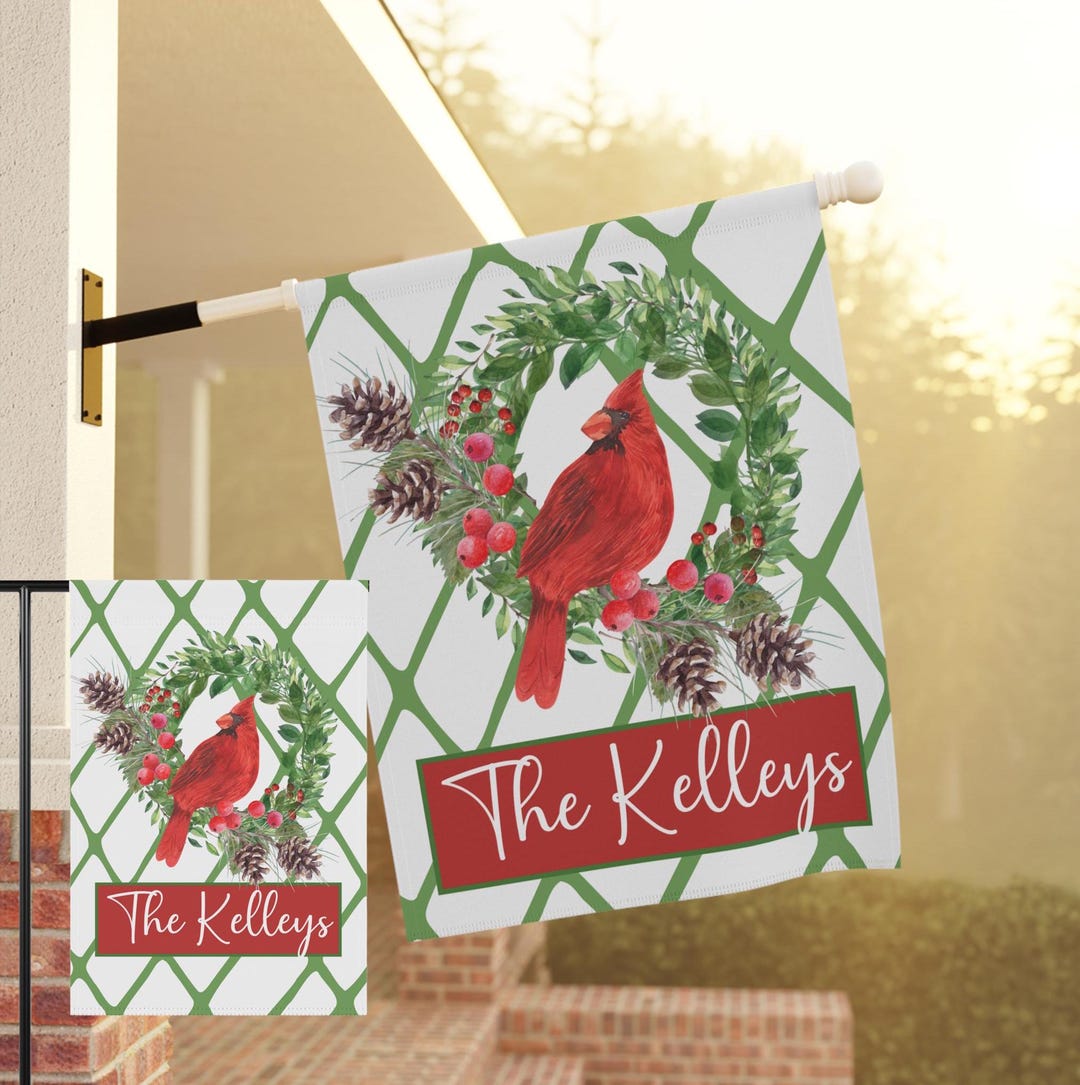 Custom Cardinal Garden Flag Christmas Last Name Sign Preppy Red Bird ...