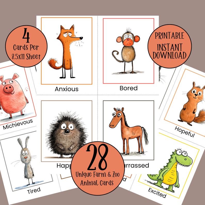 Printable Flashcards Preschool Emotions Cards Zoo Farm Animal Kid ...